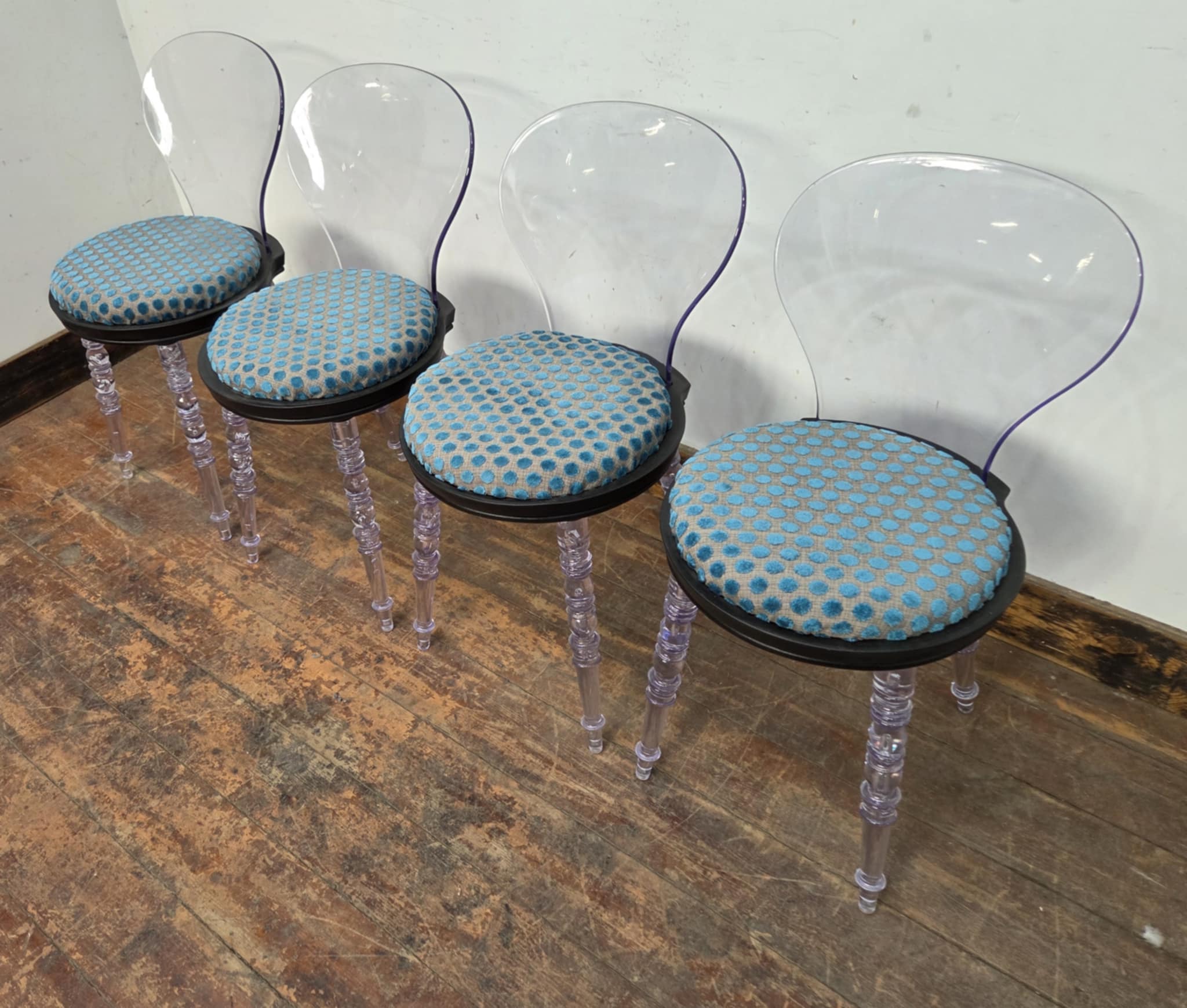 Set of Four Clear Plastic Spoonback Chairs with Blue Spotted Upholster ...